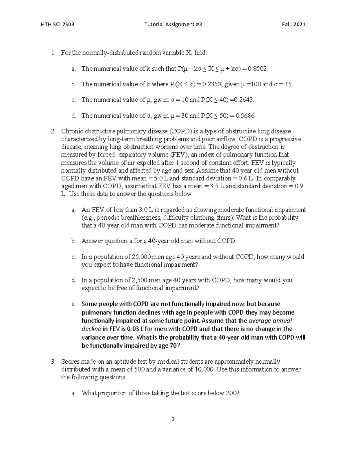Tutorial Assign 3 - Std Normal & Normal Dist1 - HTH SCI 2S03 Tutorial Assignment #3 Fall 2021 ...