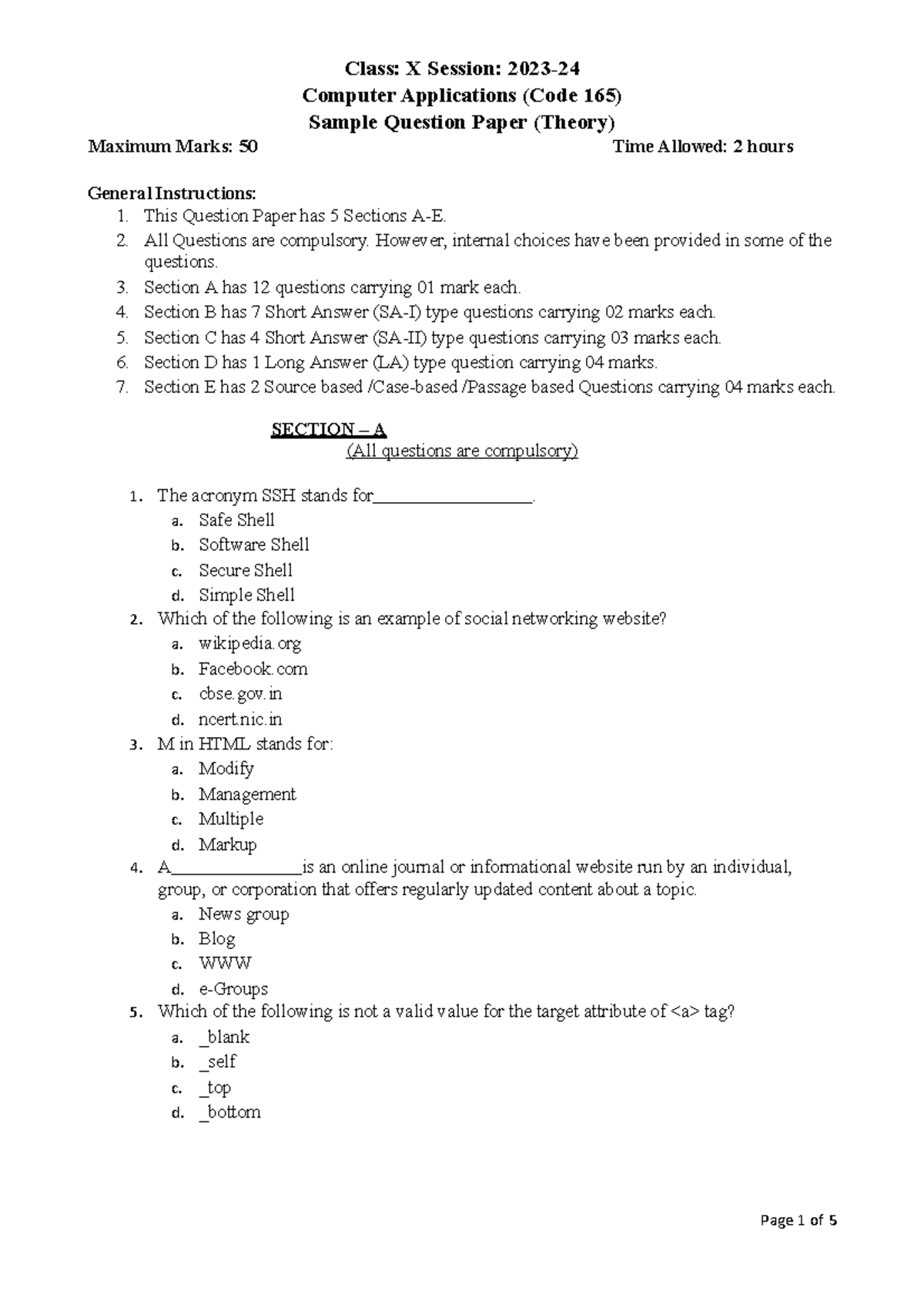 Computer Application-SQP - Page 1 of 5 Class: X Session: 2023- Computer ...