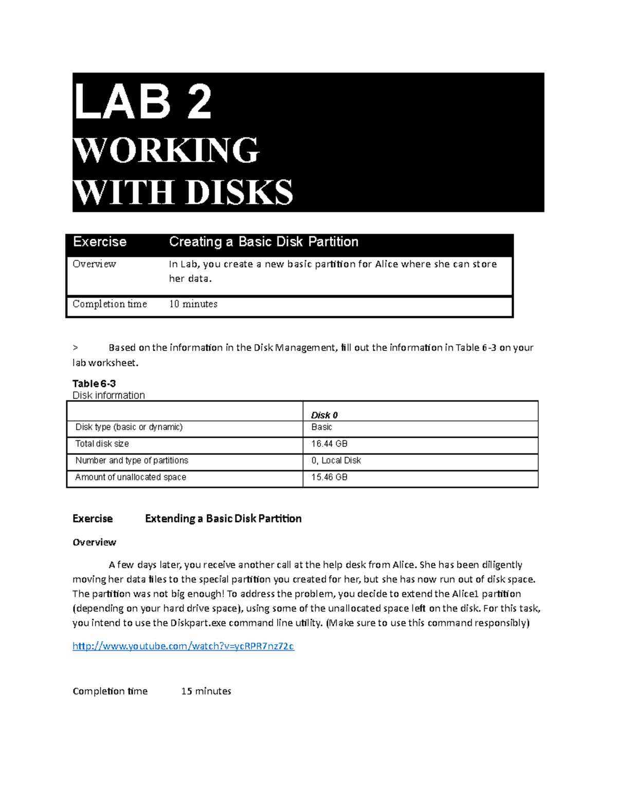 Lab 2 - Class Lab. - LAB 2 WORKING WITH DISKS Exercise Creating a Basic ...