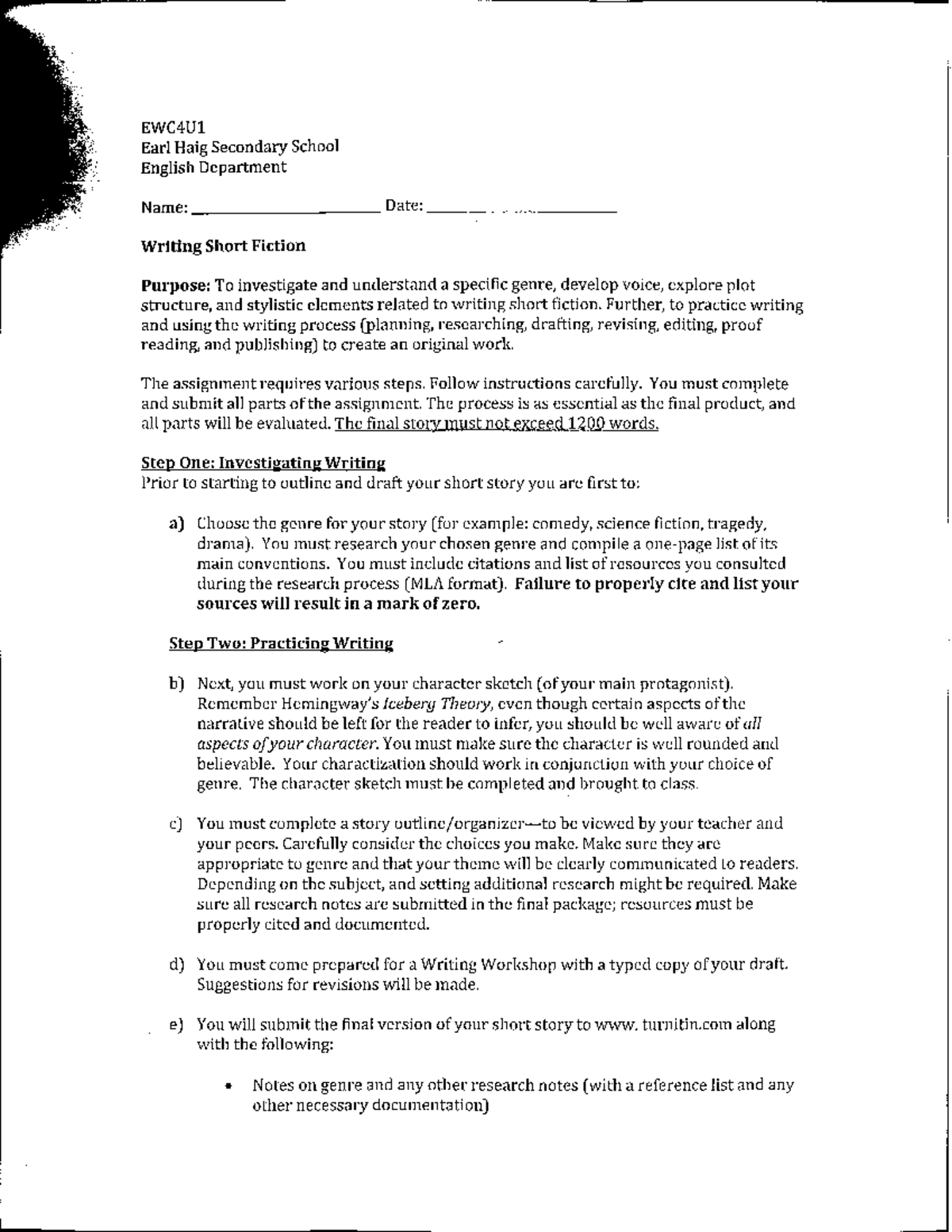 Short Fiction Assignment and Rubrics - Studocu