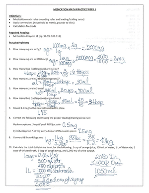 Med Math Practice Week 1 - MEDICATION MATH PRACTICE WEEK 1 Objectives ...