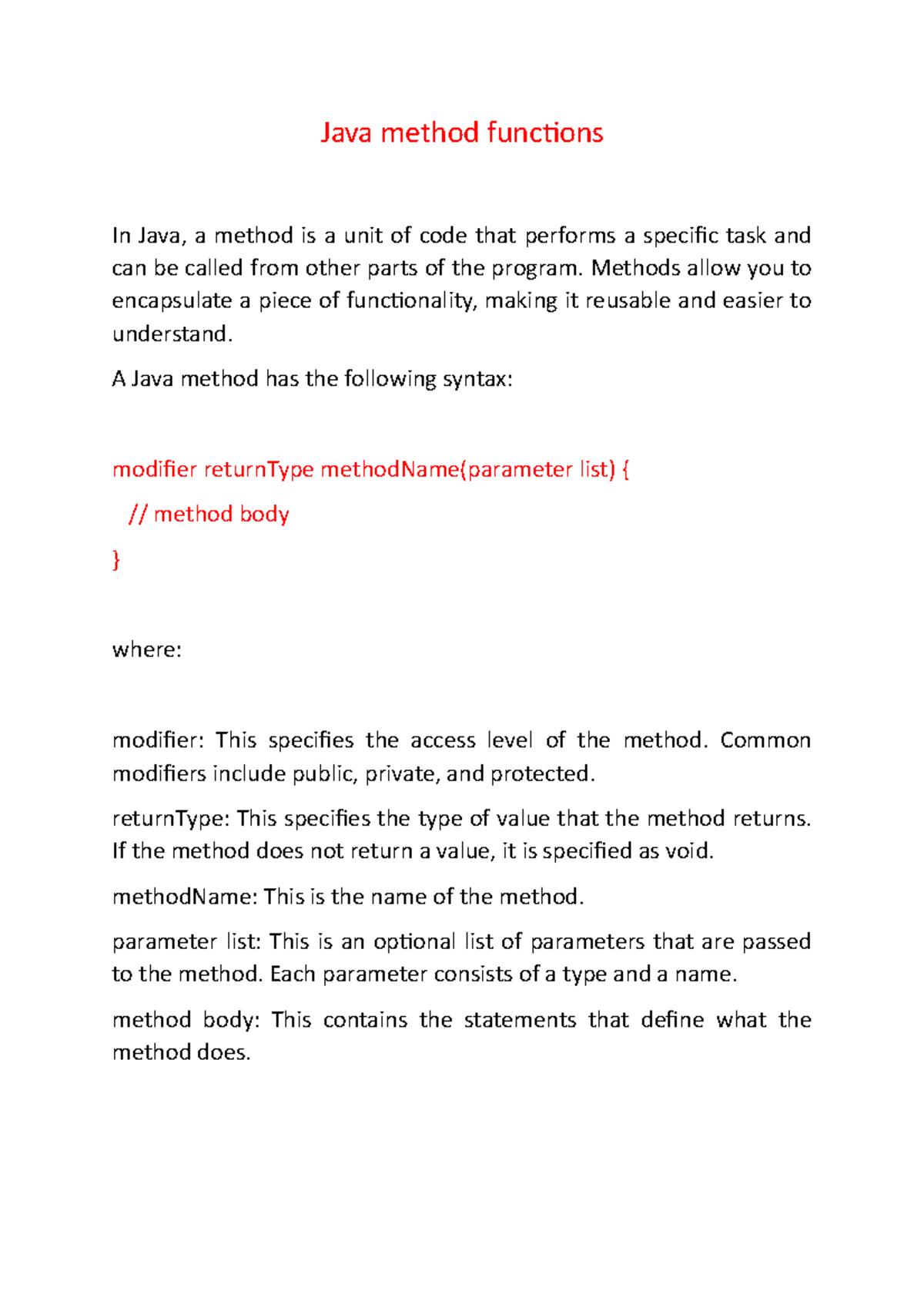 Java Method Functions Notes Java Method Functions In Java A Method 9786