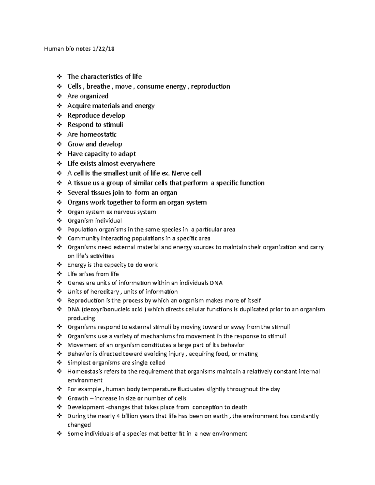 Biology notes - Human bio notes 1/22/ The characterisics of life Cells ...