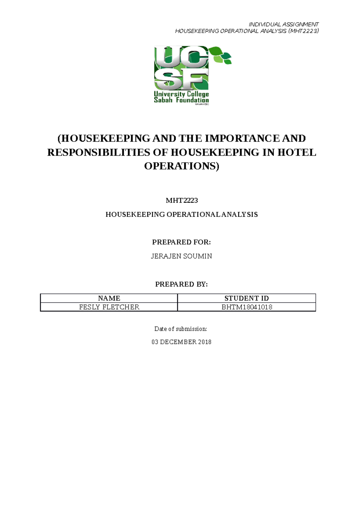 Housekeeping AND THE Importance AND Responsibilities OF Housekeeping IN ...