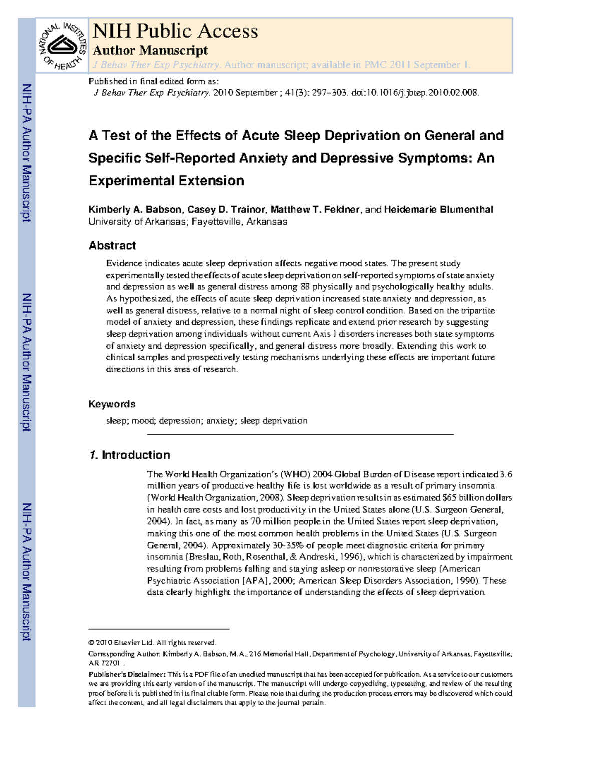 Sleep Depression - Reading - A Test of the Effects of Acute Sleep ...