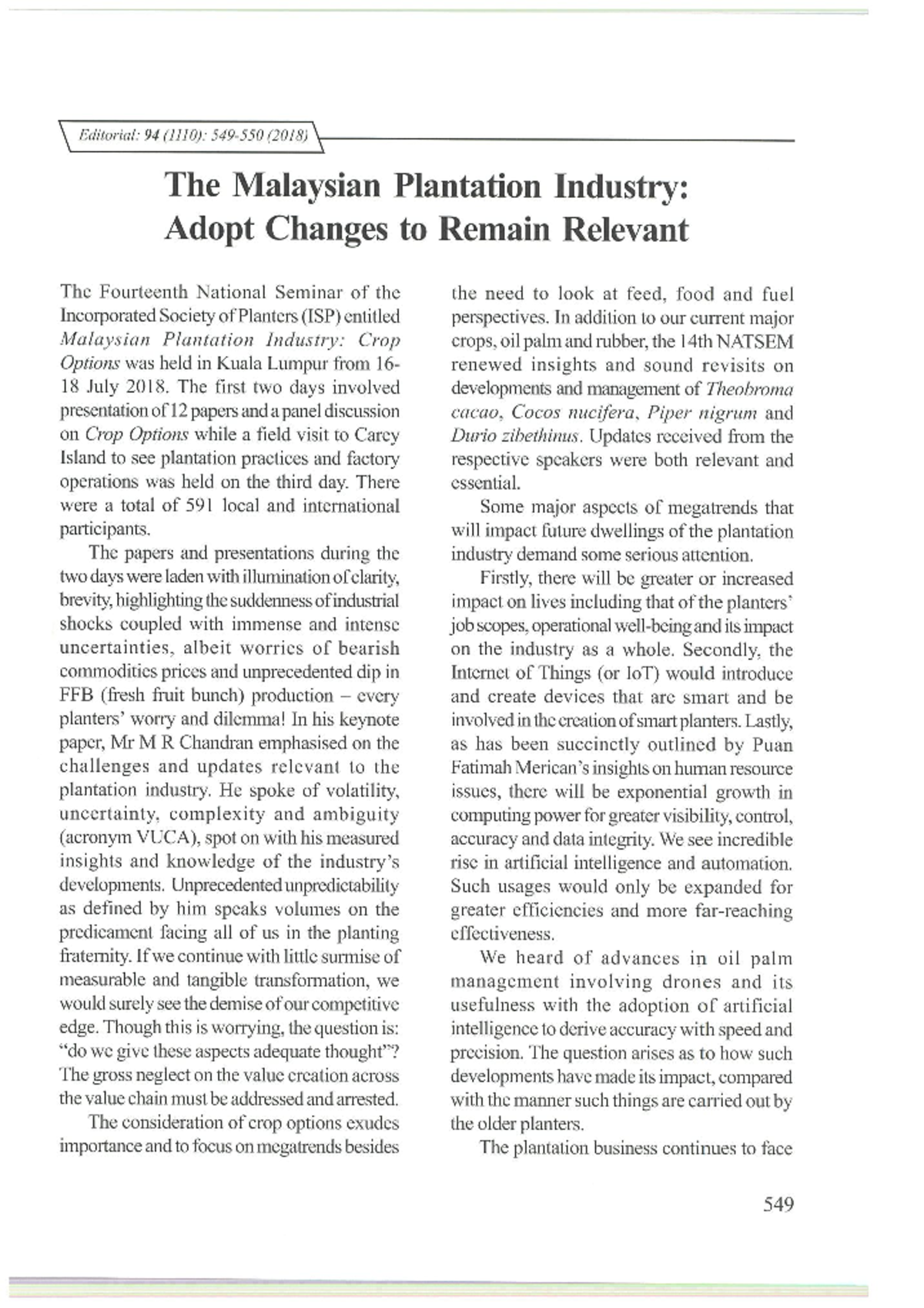 The Malaysia Plantation Industry; Adopt Changes to Remain Relevant ...