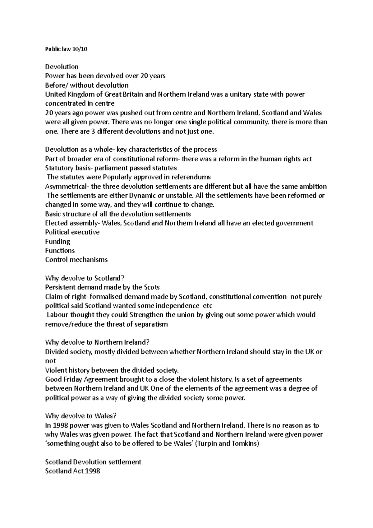 Devolution Lecture Notes 10 Public Law 10 10 Devolution Power Has Been Devolved Over 20