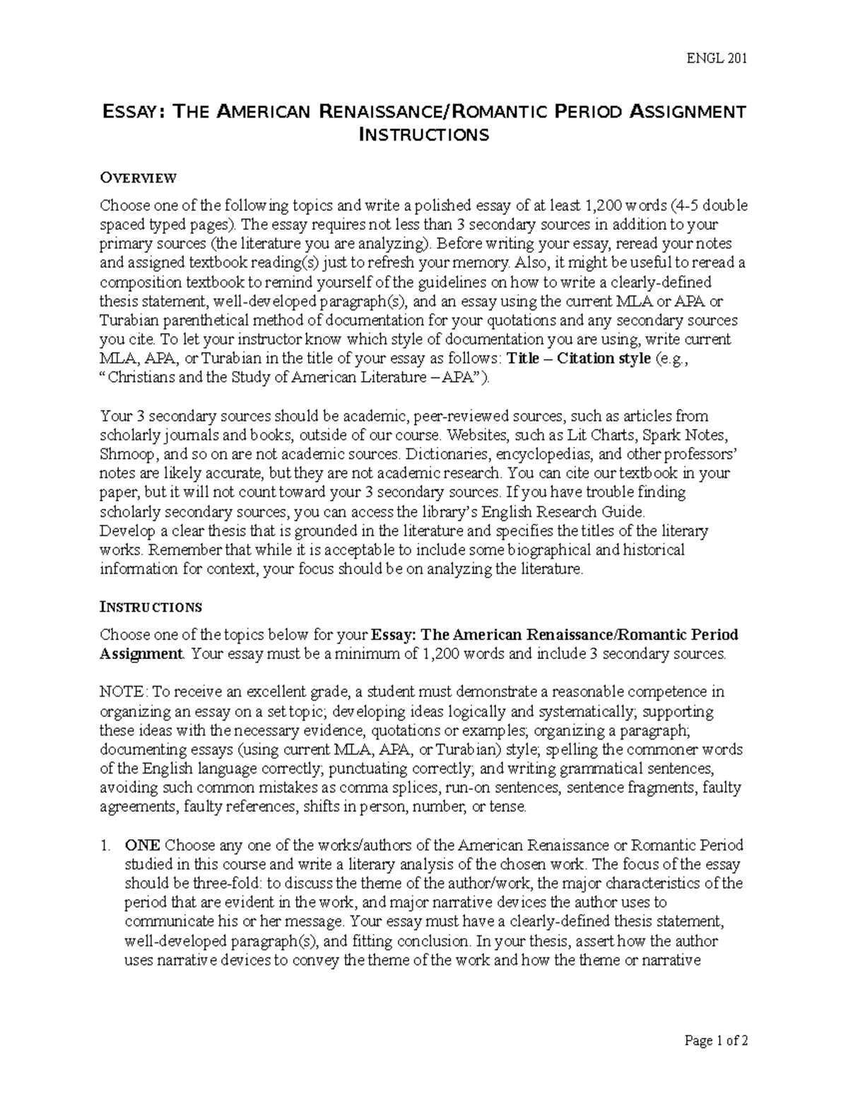 Essay The American Renaissance Romantic Period Assignment Instructions ...