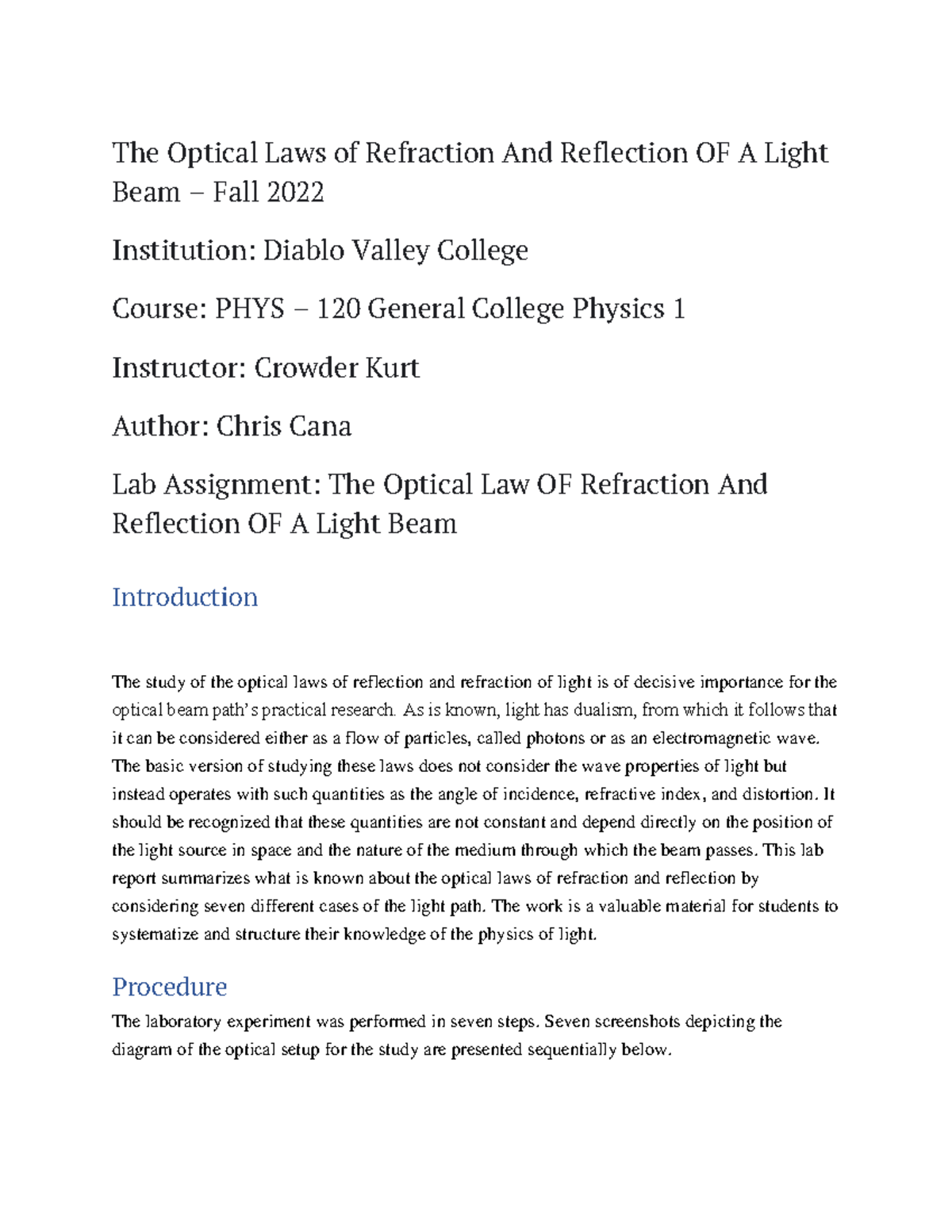 Lab Assignment The Optical Law OF Refraction And Reflection OF A Light ...