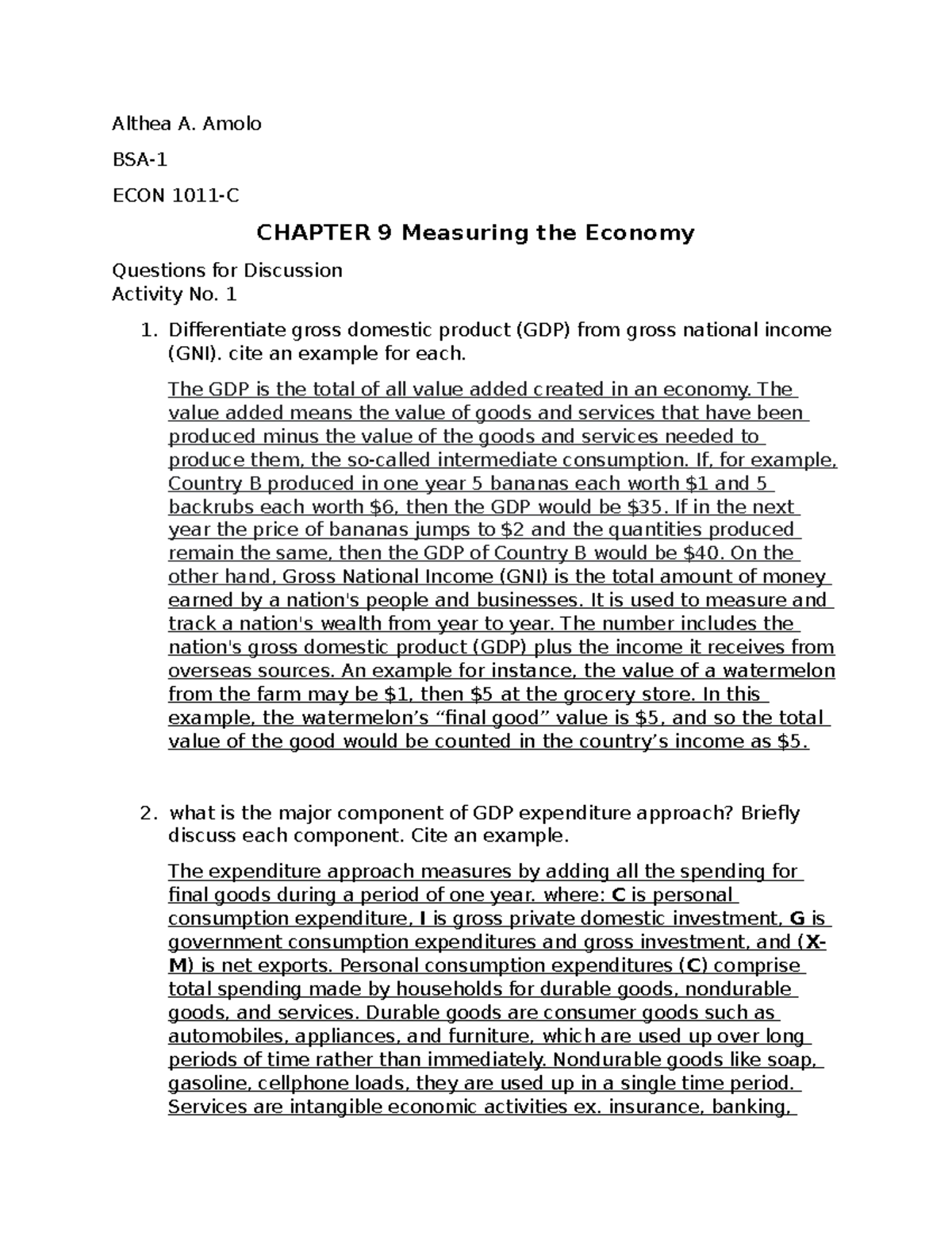 Chapter 9 Measuring the Economy - Althea A. Amolo BSA- ECON 1011-C ...
