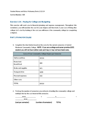 Exercise 3.3A Paying for College and Budgeting - Student Name: Rahma ...