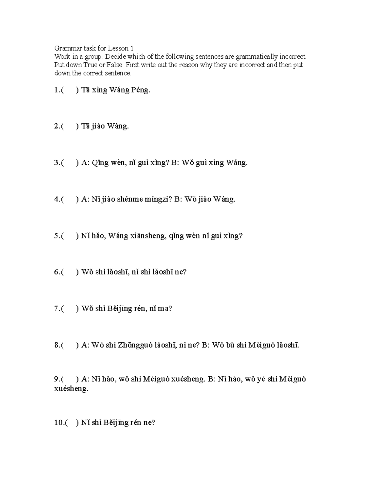 Lesson 1 grammar task - Grammar task for Lesson 1Work in a group ...