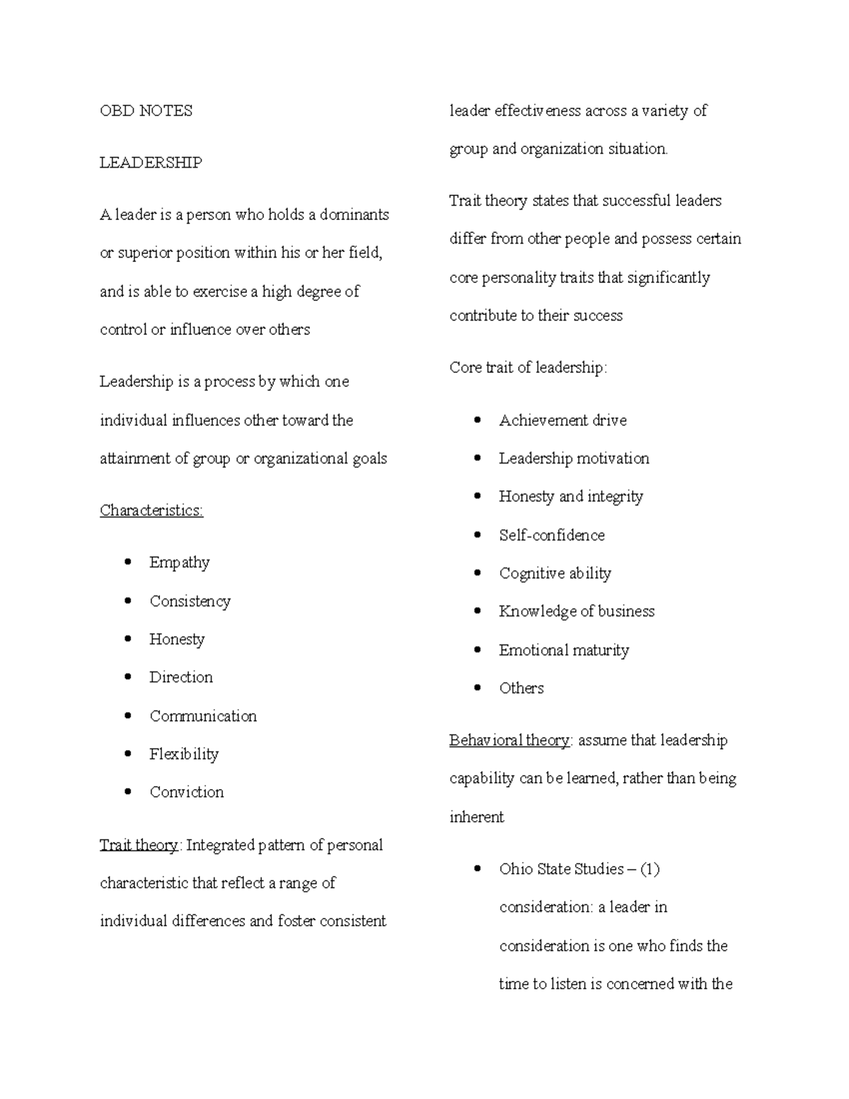 Organizational Behaviour Notes Final - OBD NOTES leader effectiveness ...