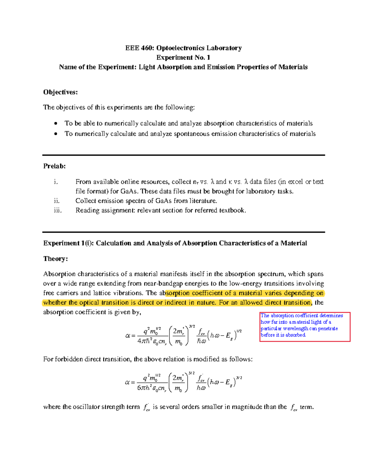 EEE 460 Exp 1 - Experiment 1 - EEE 460: Optoelectronics Laboratory Experiment No. 1 Name of the ...