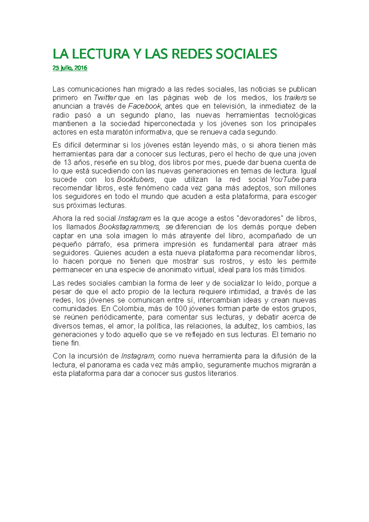 Comunicación Efectiva - LA LECTURA Y LAS REDES SOCIALES 25 julio, 2016 ...