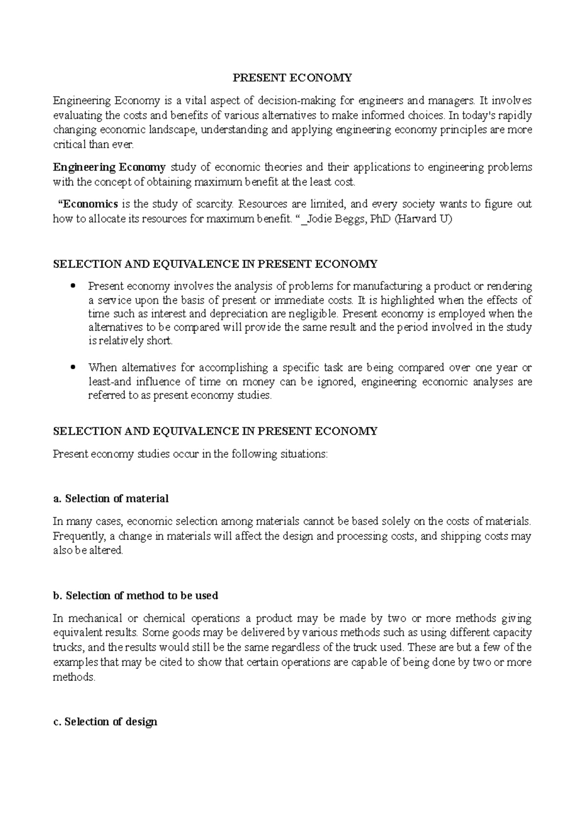 Present- Economy - zzz - PRESENT ECONOMY Engineering Economy is a vital ...