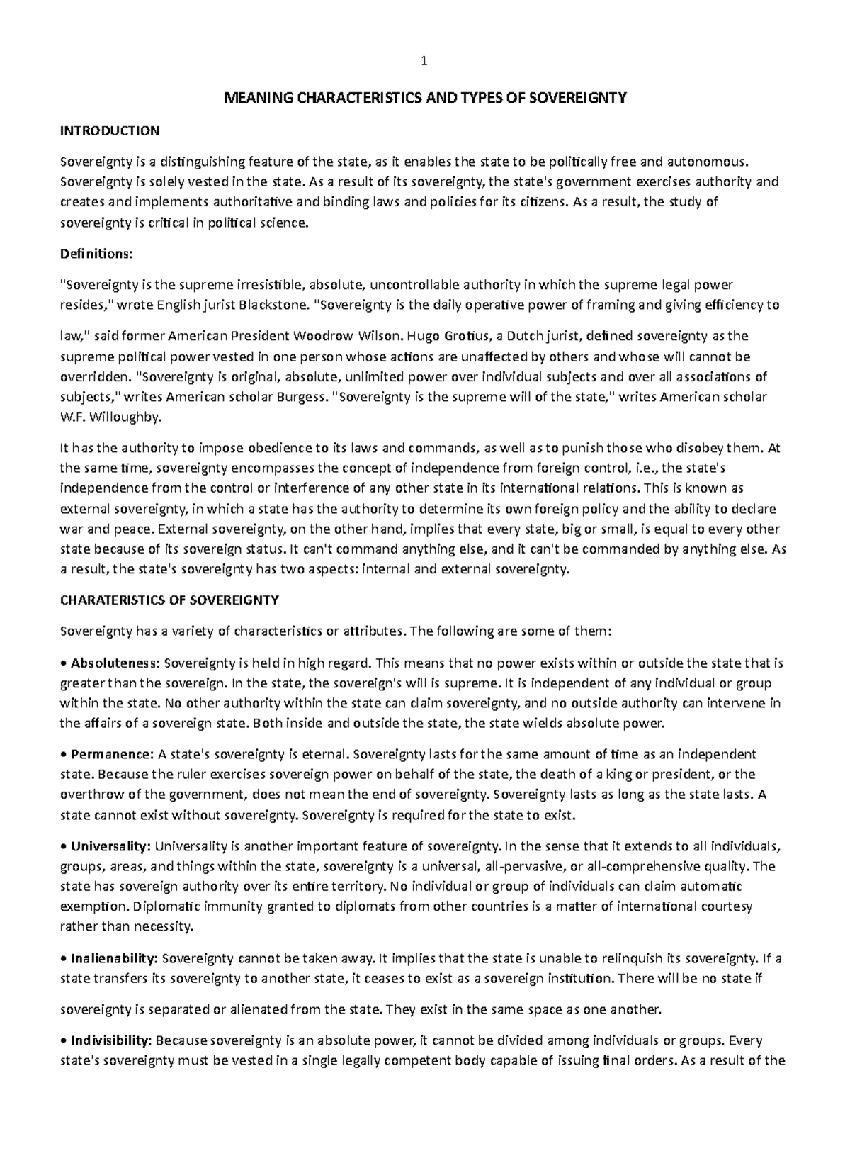 Characteristics AND Types OF Sovereignty - 1 MEANING CHARACTERISTICS ...