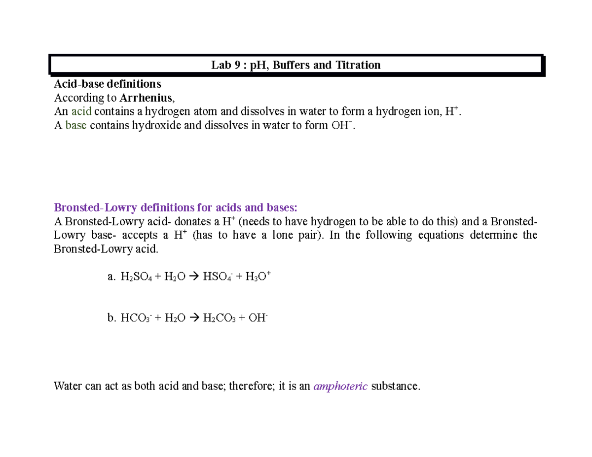 Chapter 9 Acids and Bases lecture notes - Lab 9 : pH, Buffers and ...