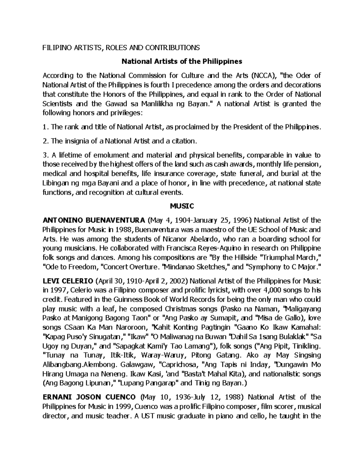 Filipino Artists - FILIPINO ARTISTS, ROLES AND CONTRIBUTIONS National ...