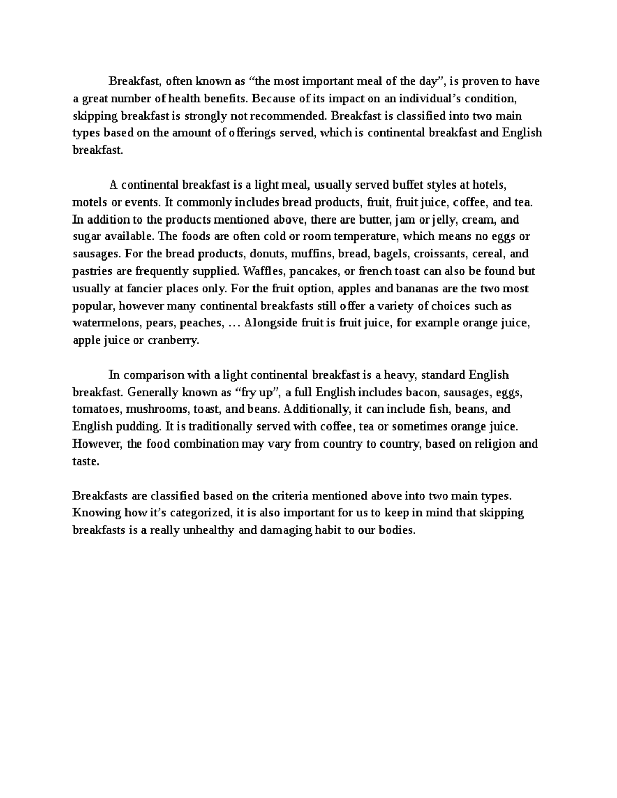 Classify Breakfasts - essay - Breakfast, often known as “the most ...