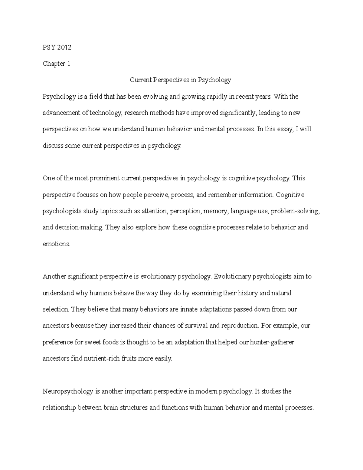 Current Perspectives in Psychology - PSY 2012 Chapter 1 Current ...