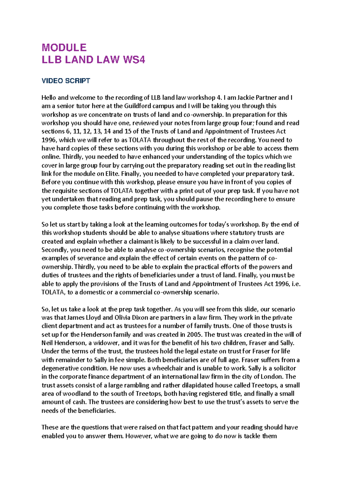 Llb land law ws4 ldtranscription - MODULE LLB LAND LAW WS VIDEO SCRIPT ...