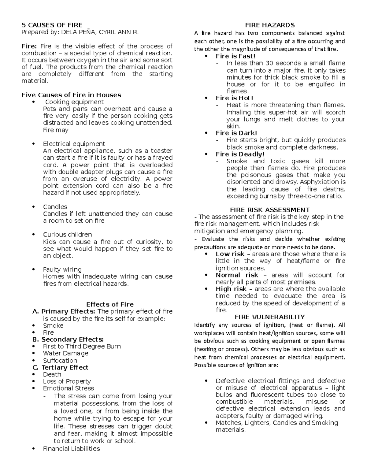 5 causes of fire - 5 CAUSES OF FIRE Prepared by: DELA PEÑA, CYRIL ANN R ...