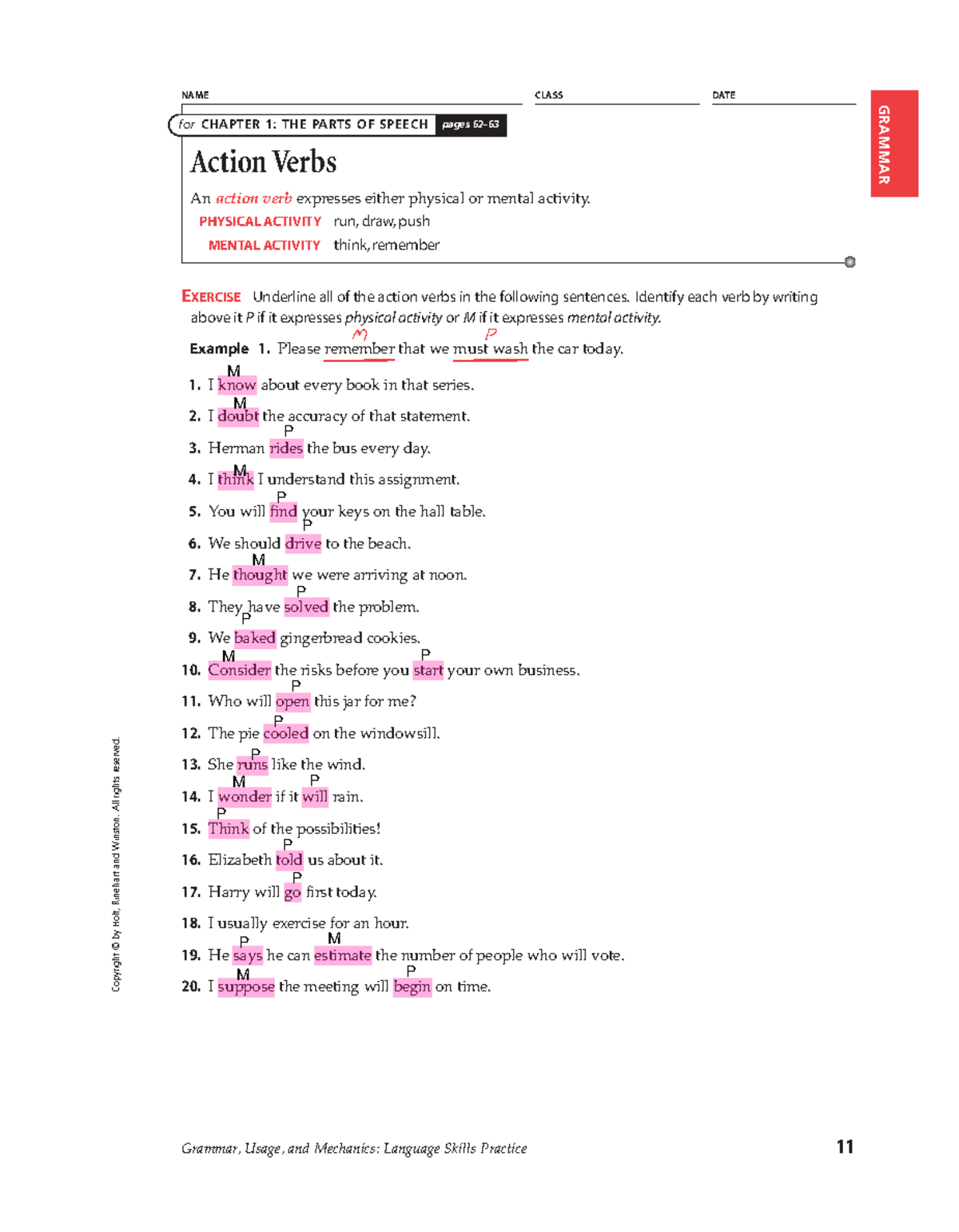 CHAPTER 1: THE PARTS OF SPEECH - Verbs - GRAMMAR Grammar, Usage, and ...