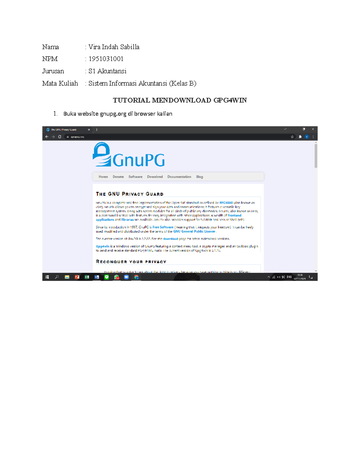 Tutorial Mengoperasikan gpg4win - Nama : Vira Indah Sabilla NPM : 1951031001 Jurusan : S1 ...