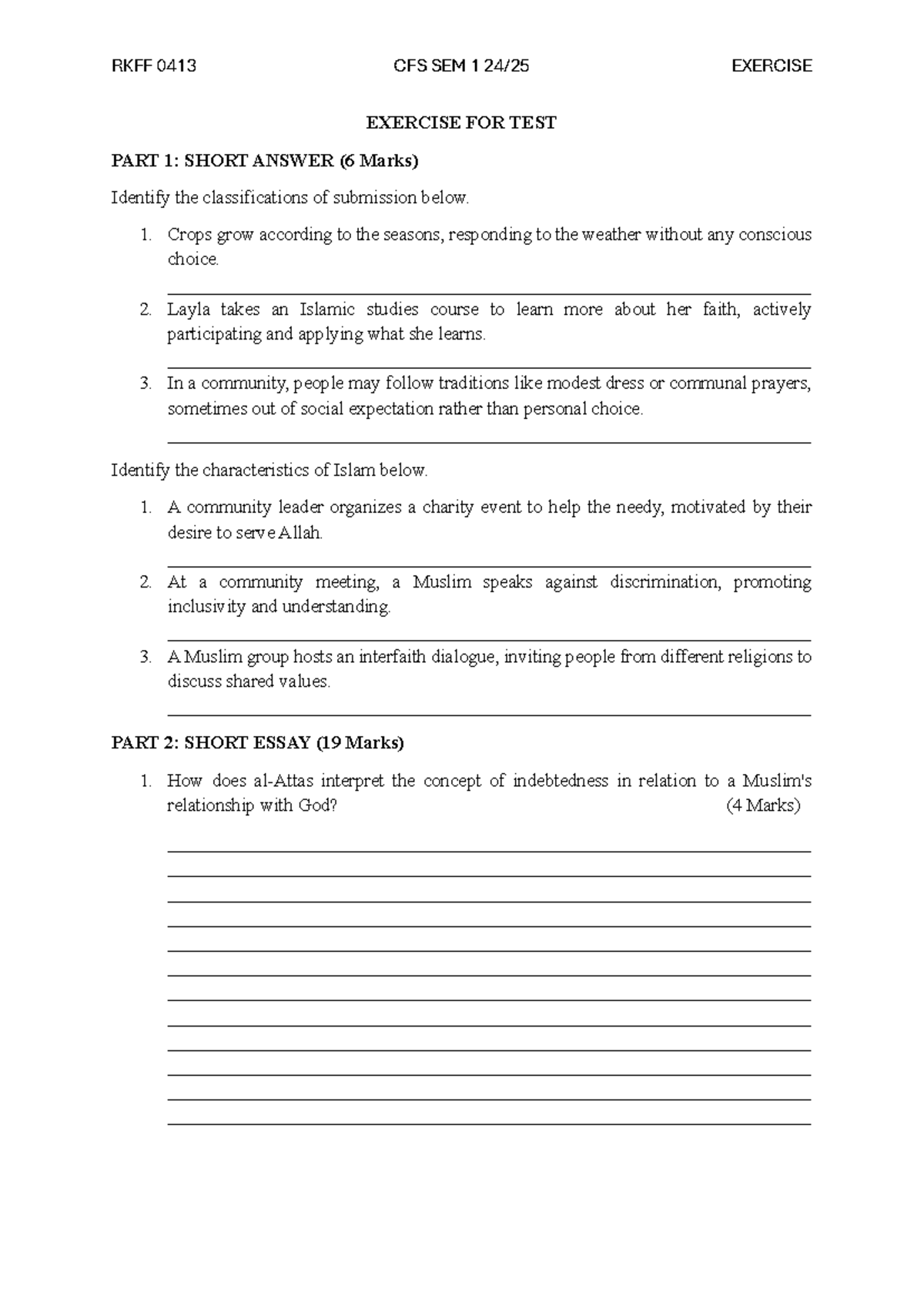 RKFF 0413 Exercise FOR Tests Latest - RKFF 0413 CFS SEM 1 24/25 ...