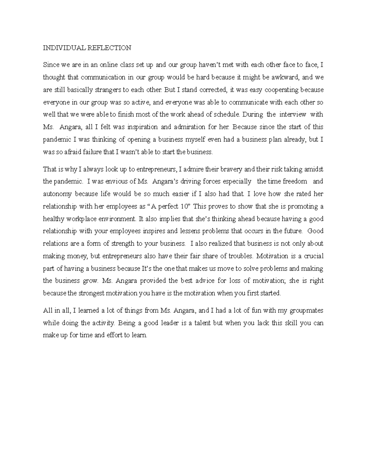 Reflection on a Interview with a small business owner - INDIVIDUAL ...