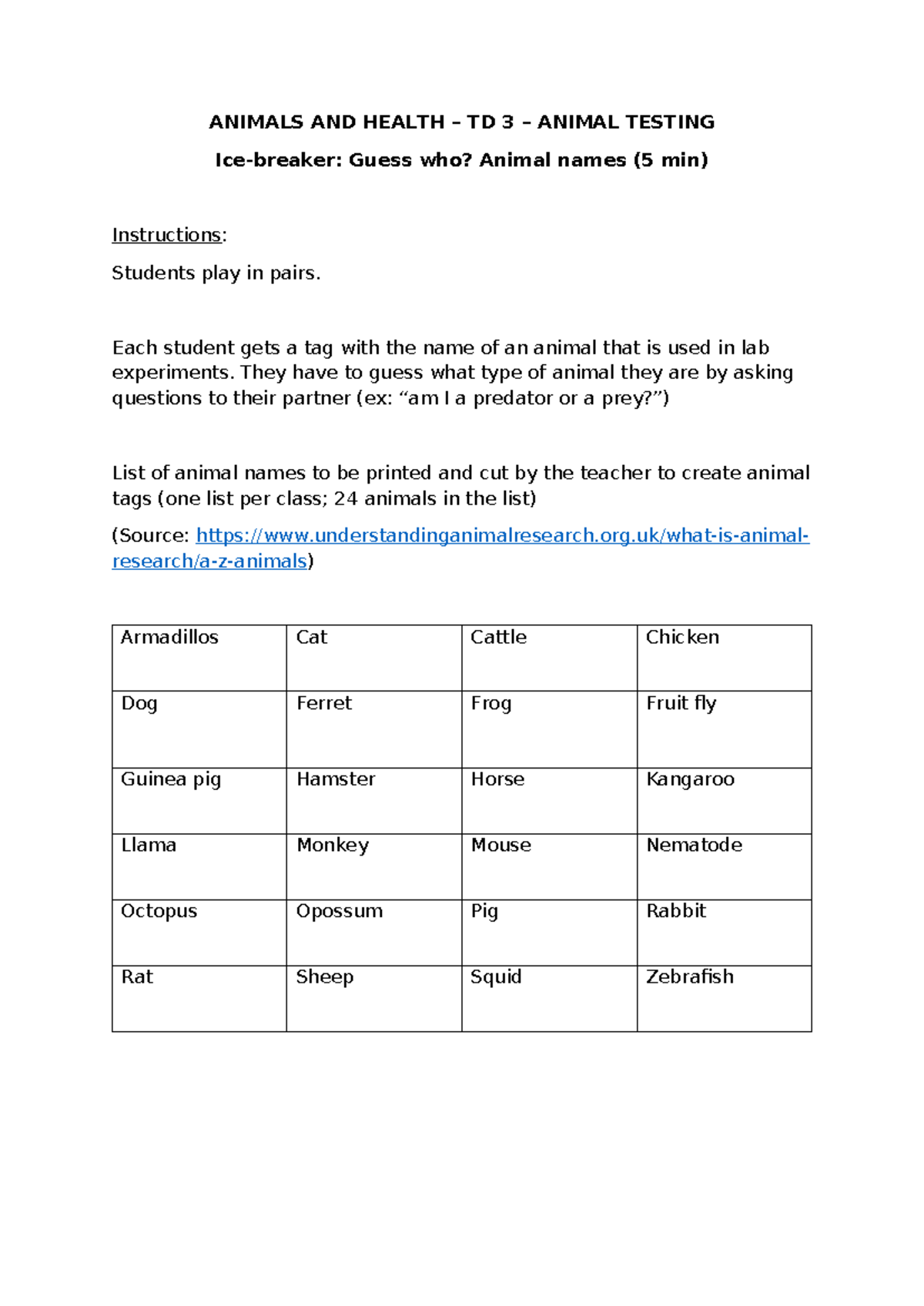 Lab testing - Guess who - Animal names - ANIMALS AND HEALTH – TD 3 ...
