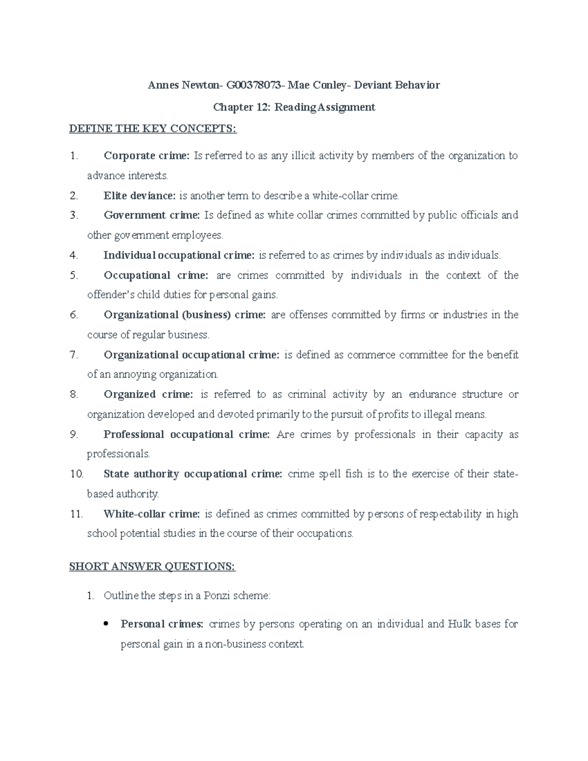 Annes Newton- Chapter 12 reading assignment - Annes Newton- G00378073- Mae Conley- Deviant ...