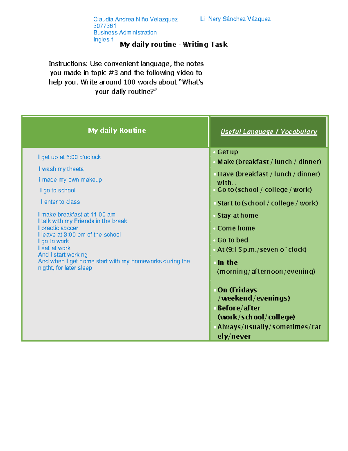 Activity 3 My daily routine Andrea Niño - My daily routine - Writing ...