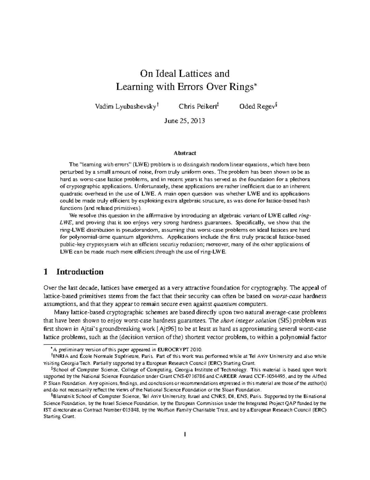 On Ideal Lattices and Learning with Errors Over Rings - On Ideal Lattices and Learning with ...