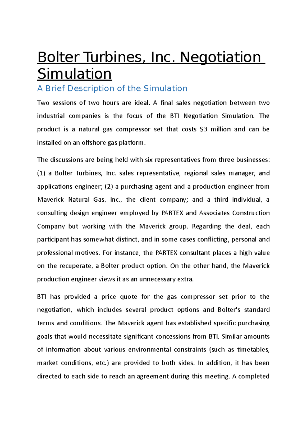 Bolter Turbines, Inc. Negotiation Simulation - Bolter Turbines, Inc ...