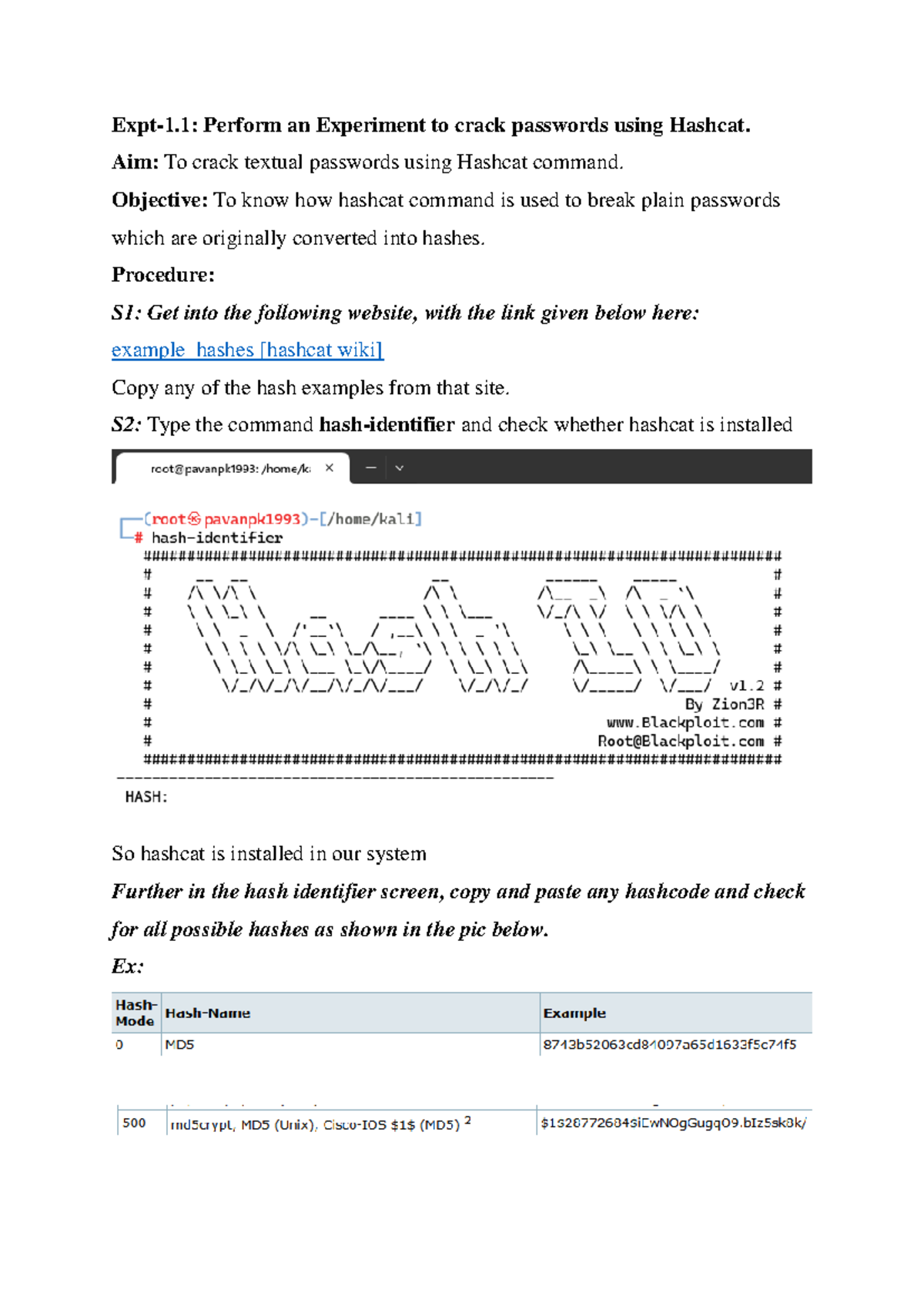 Experiment 1 merged - Expt- 1 .1: Perform an Experiment to crack passwords using Hashcat. Aim ...