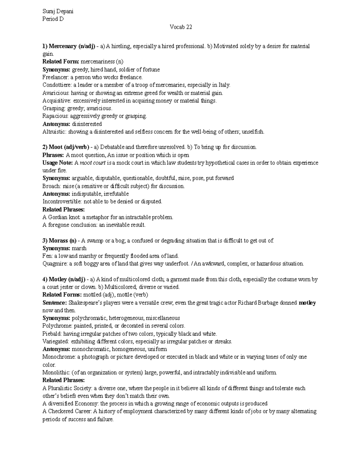 Copy of Vocab 22 - Suraj Depani Period D Vocab 22 1) Mercenary (n/adj ...