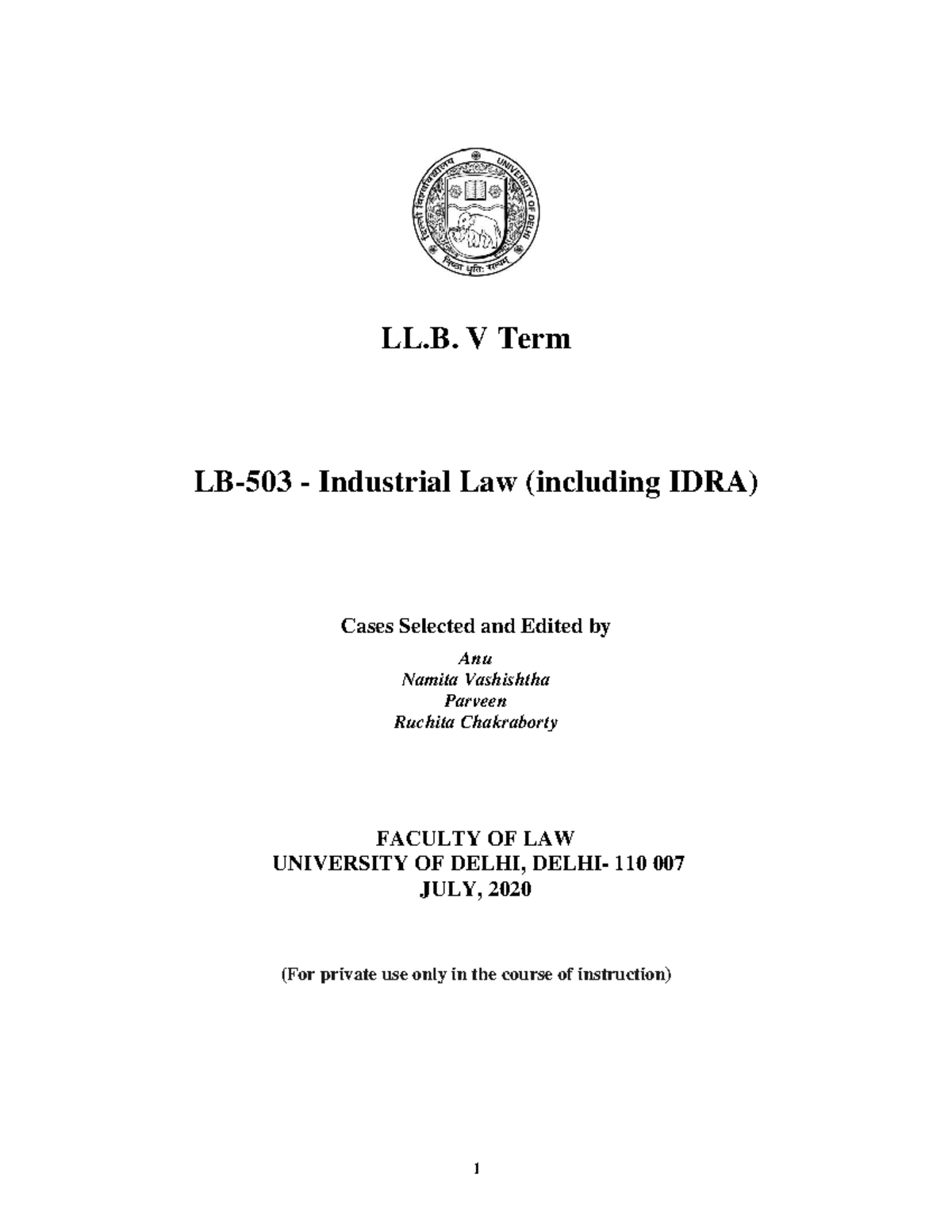 Industrial Law including IDRA - LL. V Term LB-503 - Industrial Law ...