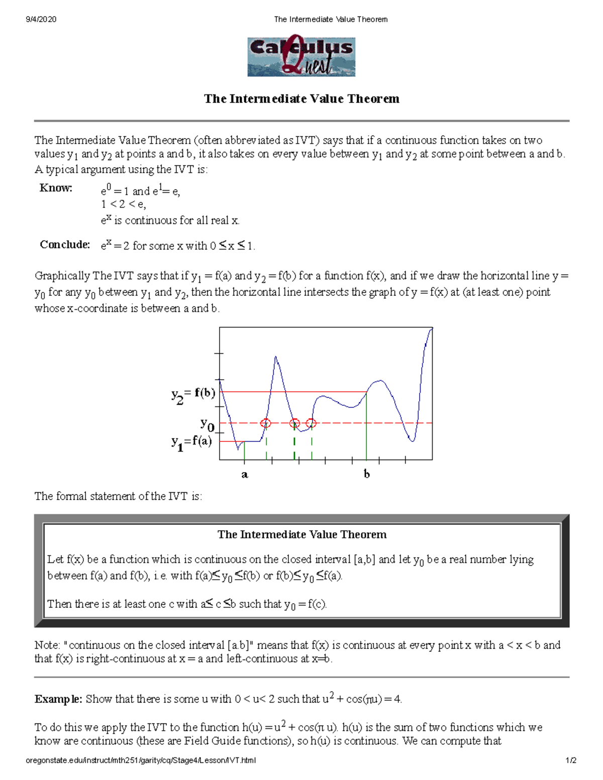 Week 002 The Intermediate Value Theorem 2 - 9/4/2020 The Intermediate ...