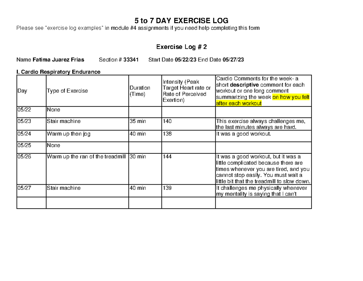 Exercise log 2 May term - Fatima Juarez Frias - 5 to 7 DAY EXERCISE LOG ...
