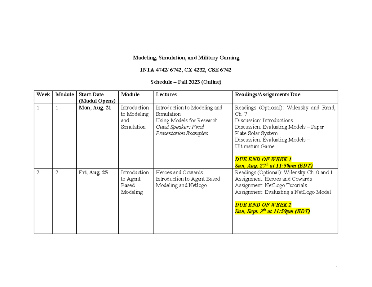 INTA 6742 Fall2023Course Schedule v2 - Modeling, Simulation, and Military Gaming INTA 4742/ 6742 ...