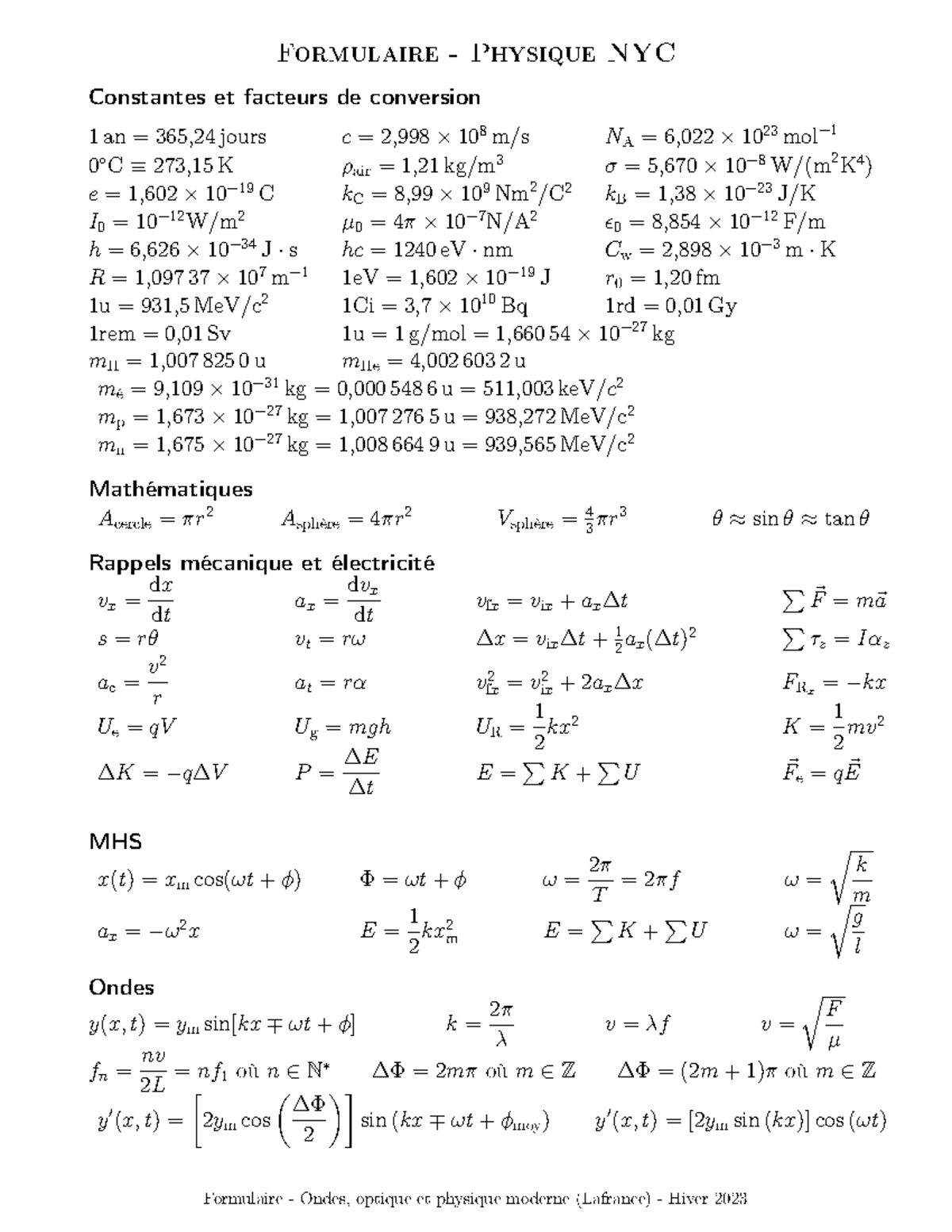 Formulaire NYC Lafrance H23 - Formulaire - Physique NYC Constantes et ...