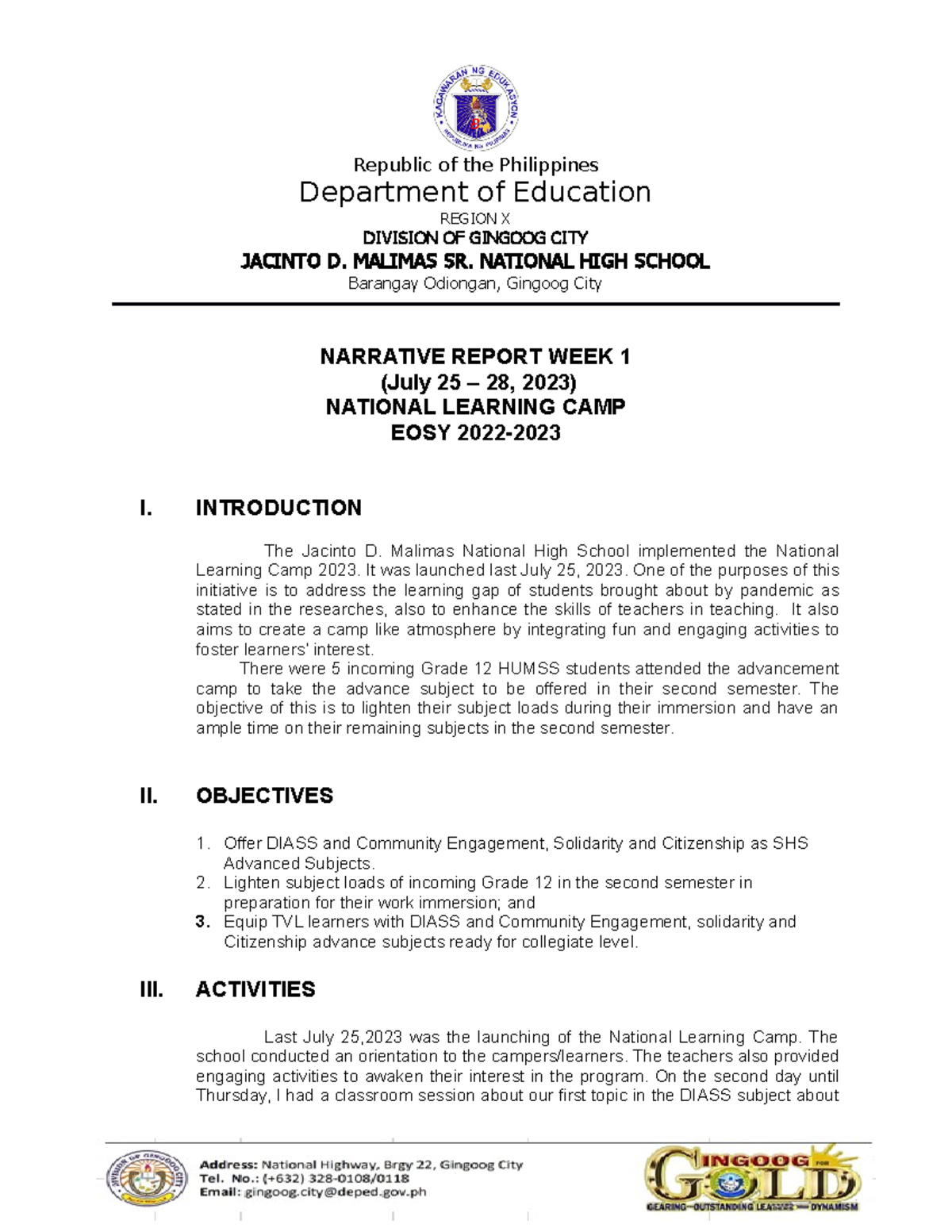 Narrative- Report nlc - Learning Camp - B Republic of the Philippines ...