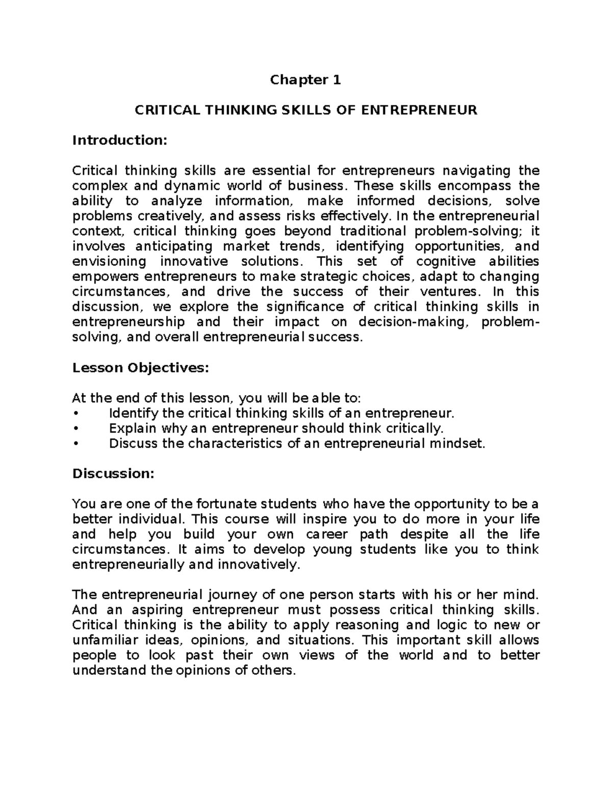 CRITICAL THINKING SKILLS OF ENTREPRENEUR - Chapter 1 CRITICAL THINKING ...