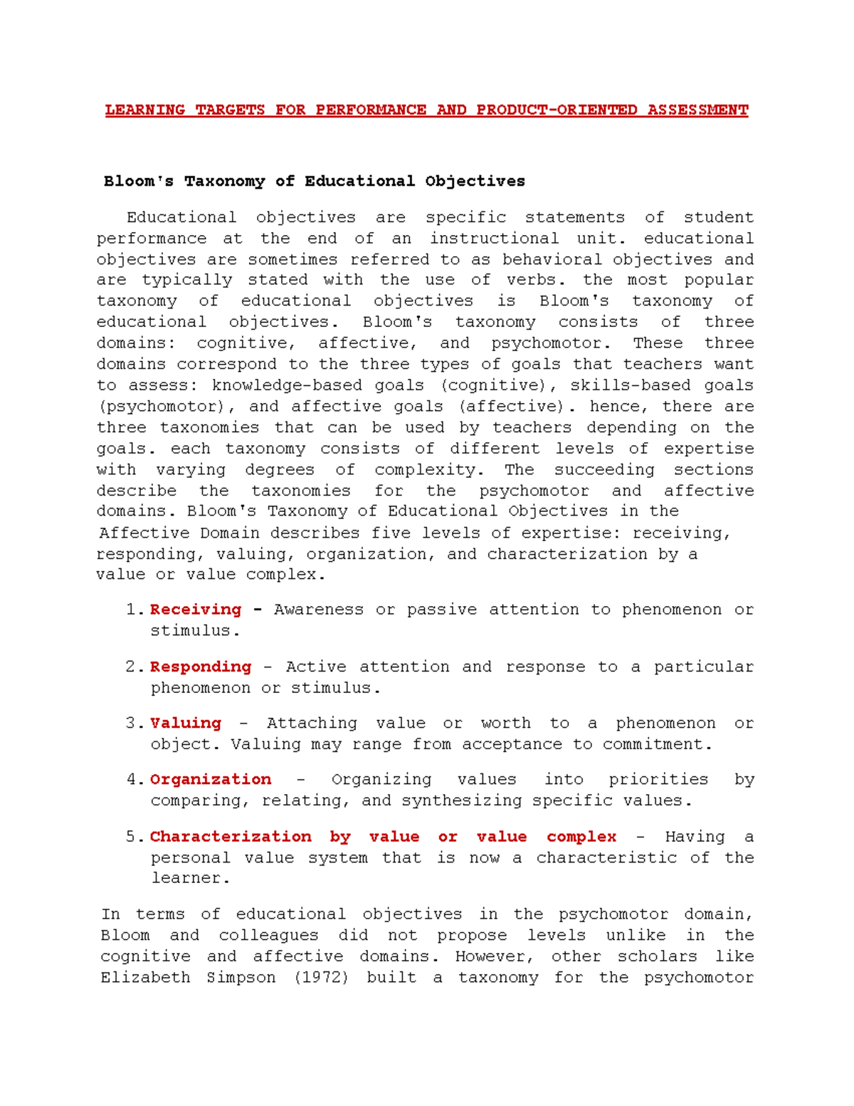 Learning Target in Social Studies - LEARNING TARGETS FOR PERFORMANCE ...