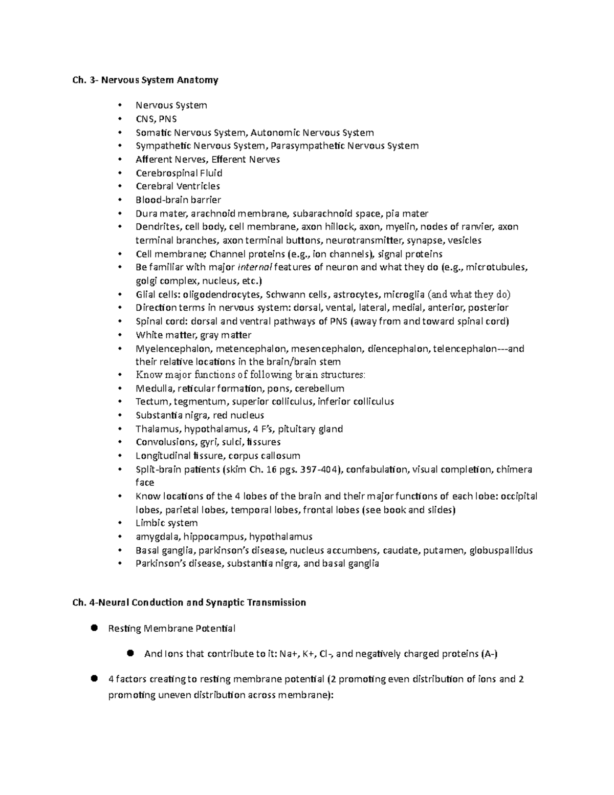 Test 2 Study Guide Bio - notes - Ch. 3- Nervous System Anatomy Nervous ...