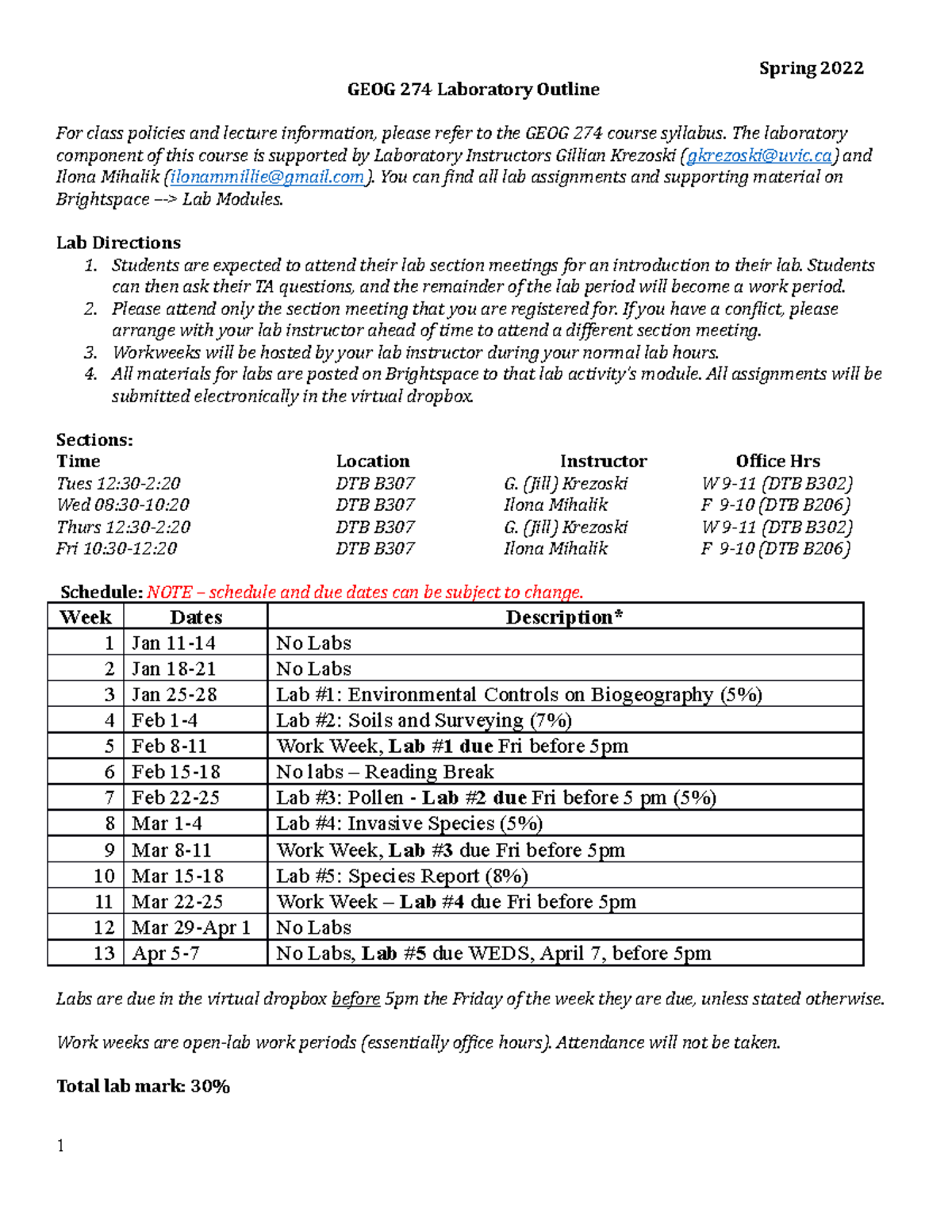 GEOG274 Lab Syllabus 2022 - Spring 2022 GEOG 274 Laboratory Outline For ...
