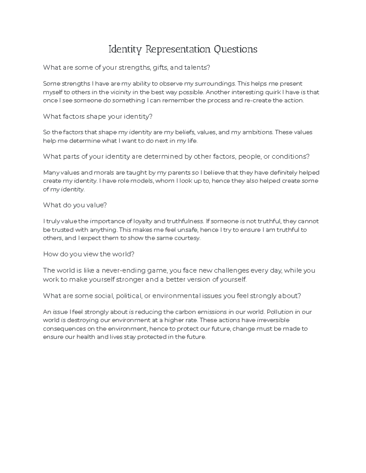 Career Studies - Who am I - Identity Representation Questions ...