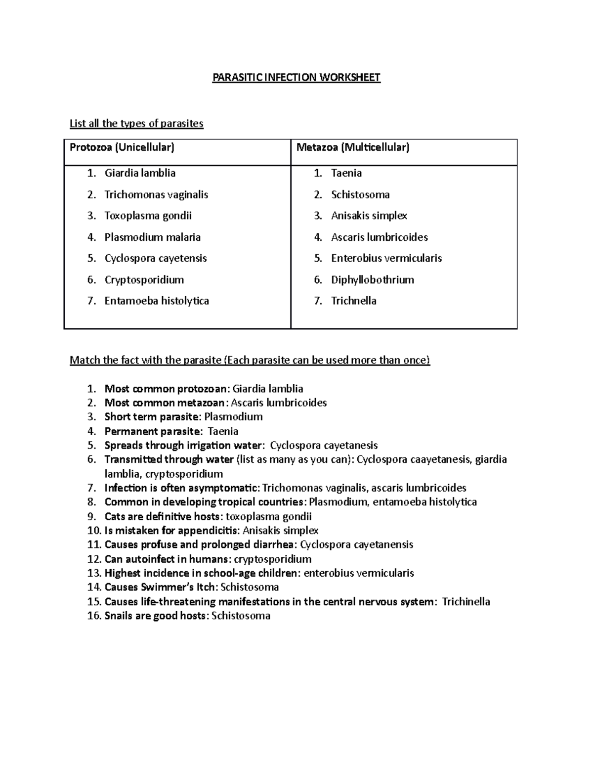 Parasitic Infection Worksheet ANS - PARASITIC INFECTION WORKSHEET List ...